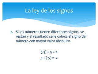 Ley de lo signos para la suma de enteros. | PPTX