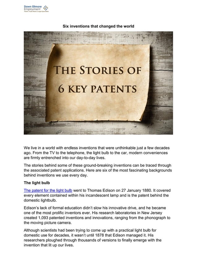 Six inventions that changed the world | Dawn Ellmore Employment | PDF
