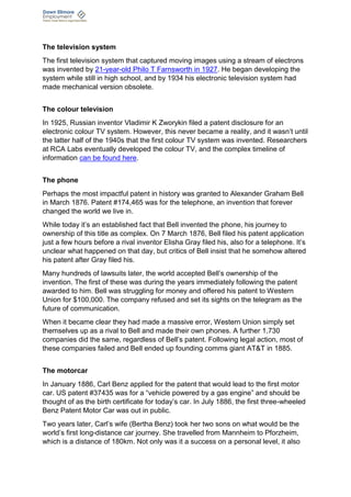 Six inventions that changed the world | Dawn Ellmore Employment | PDF