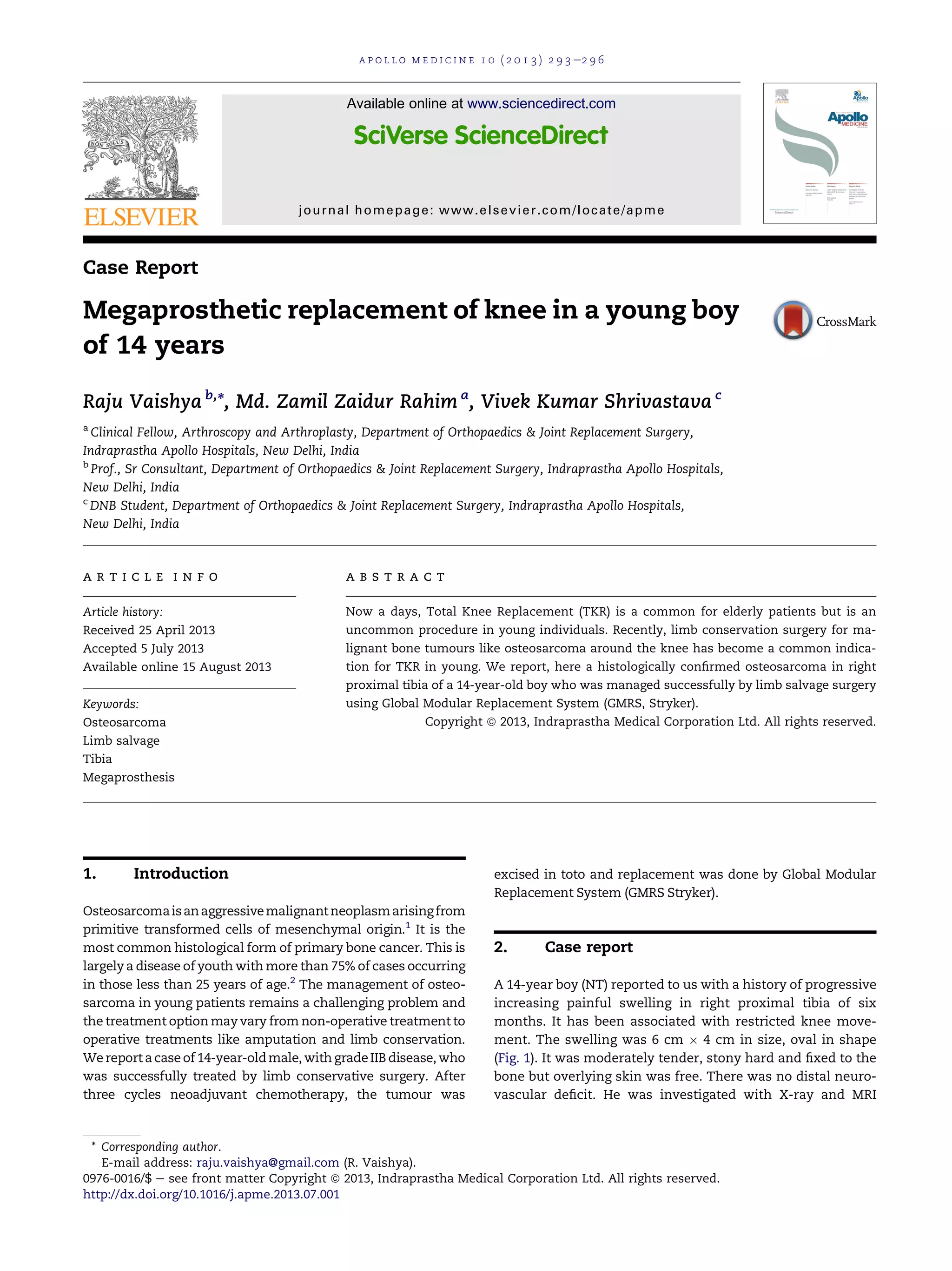 Megaprosthetic replacement of knee in a young boy of 14 years | PDF