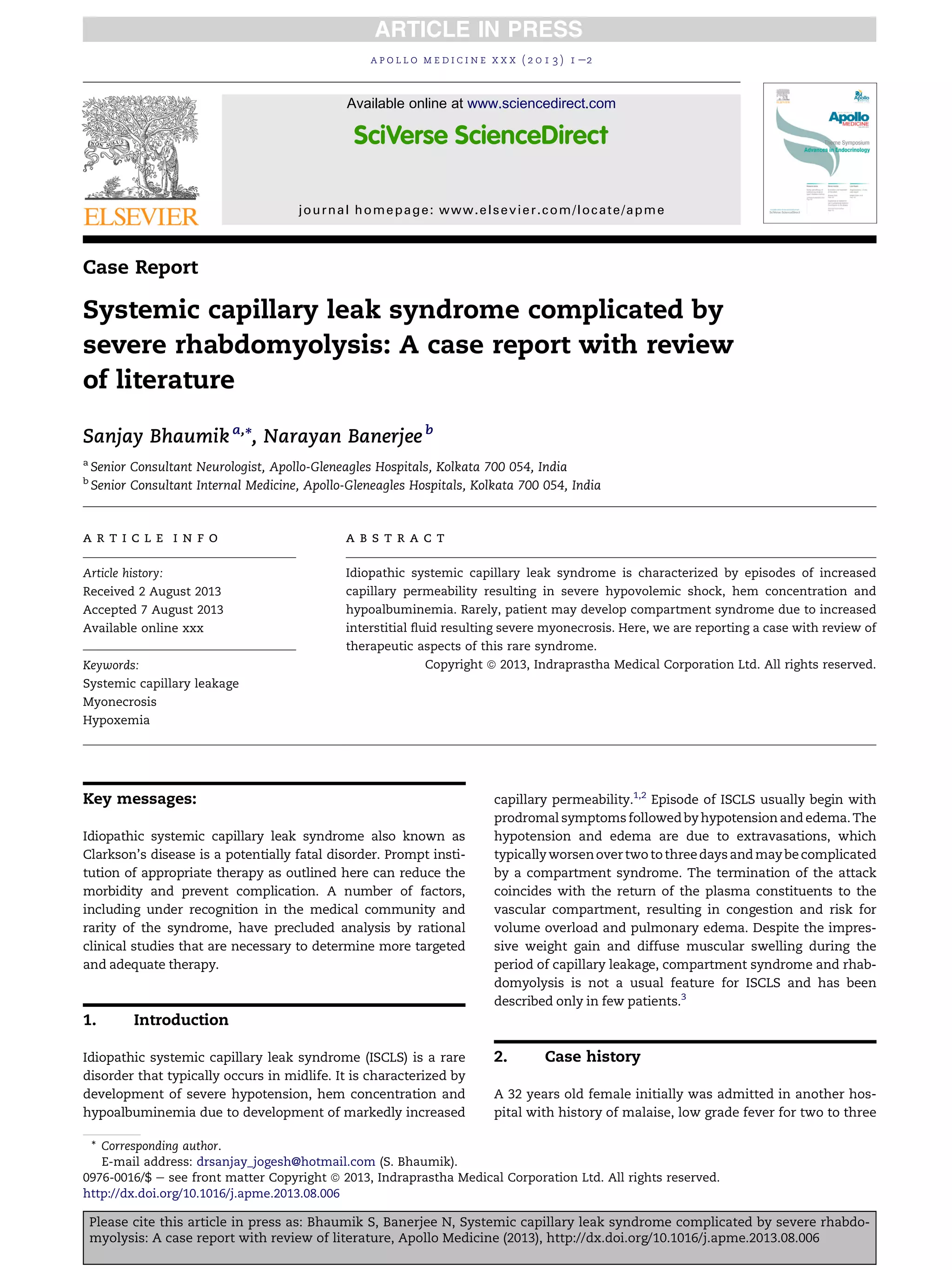 Systemic capillary leak syndrome complicated by severe rhabdomyolysis | PDF