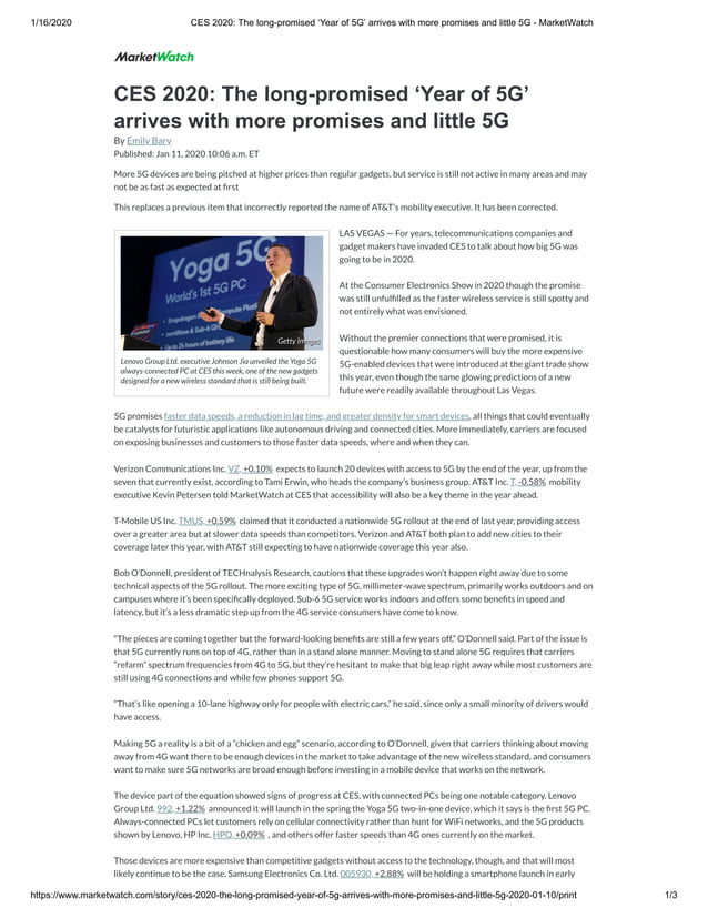 CES 2020: The long-promised ‘Year of 5G’ arrives with more promises and little 5G | PDF ...