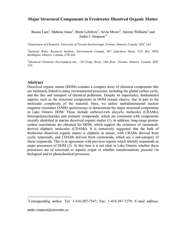 Major Structural Components in Freshwater Dissolved Organic Matter | PDF | Chemistry | Science