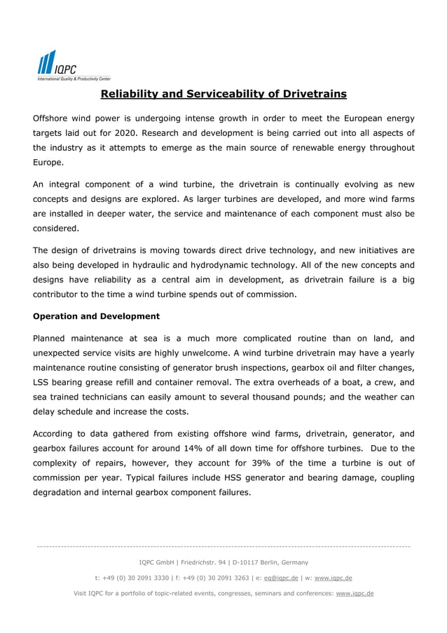 Wind Drivetrain: Reliability and Serviceability of Drivetrains | PDF