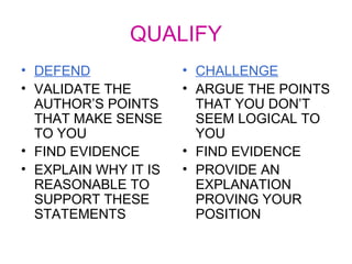 Slides on defend, challenge, and qualify argument essay | PPT