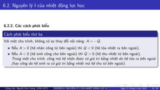 Slide Vật lý đại cương 1 - Chương 6 - Nguyên lý thứ nhất của nhiệt động lực học - Nguyễn Đức ...