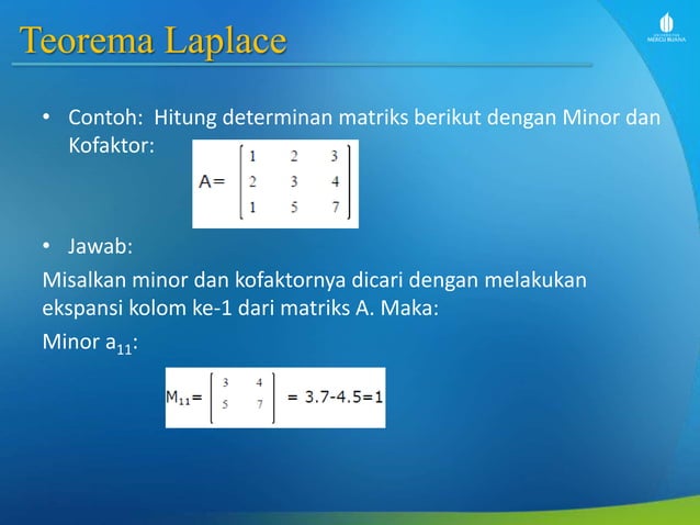 Matematika 2 - Slide week 10 - Teori Laplace dan Cramer | PPT