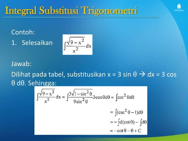 Matematika 2 - Slide week 3 - integral substitusi trigonometrik | PPTX