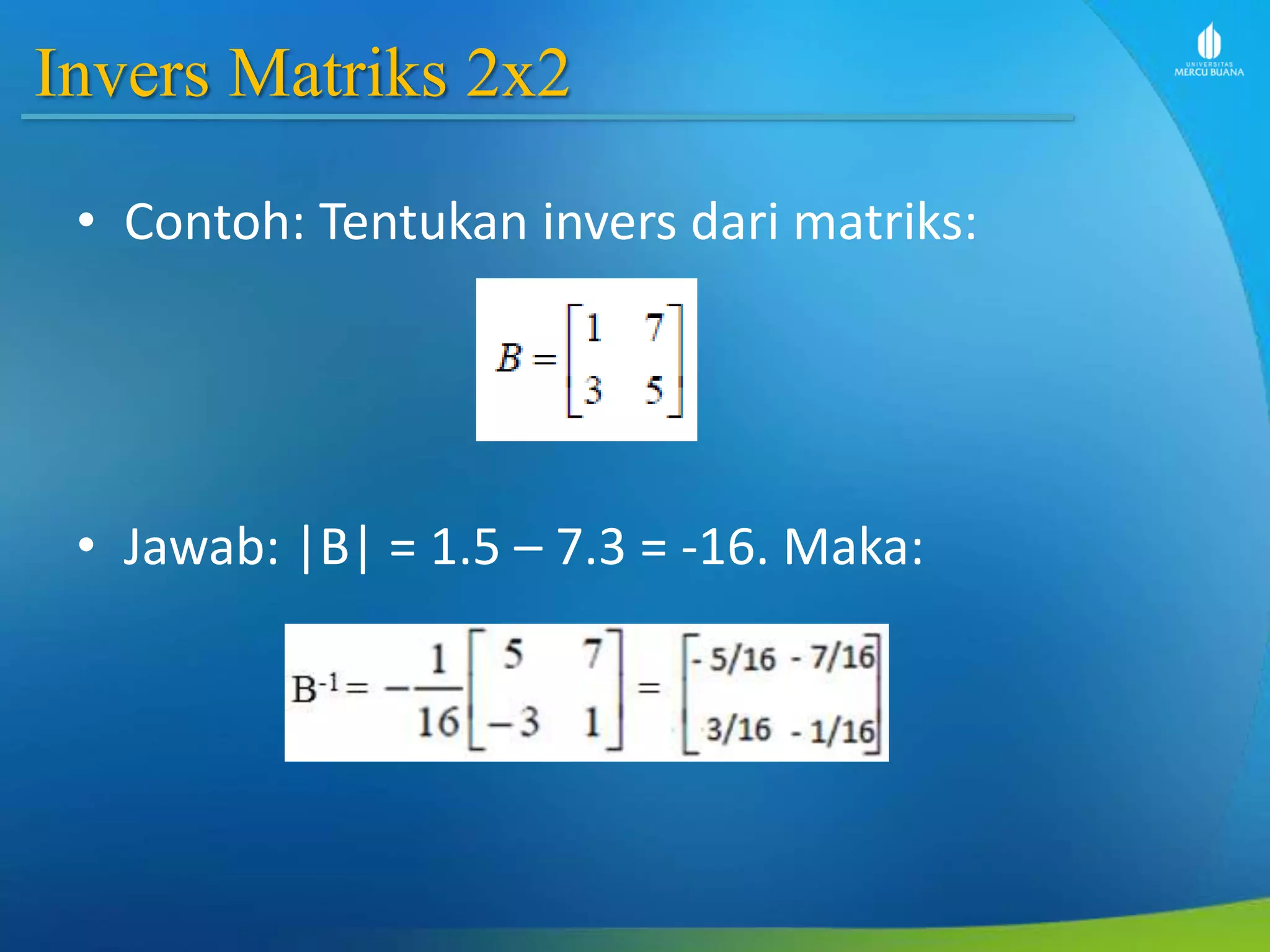 Matematika 2 - Slide week 9 - invers matriks | PPT