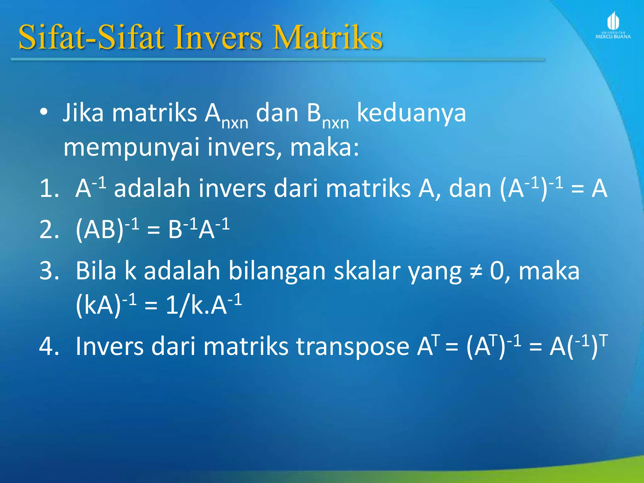 Matematika 2 - Slide week 9 - invers matriks | PPTX