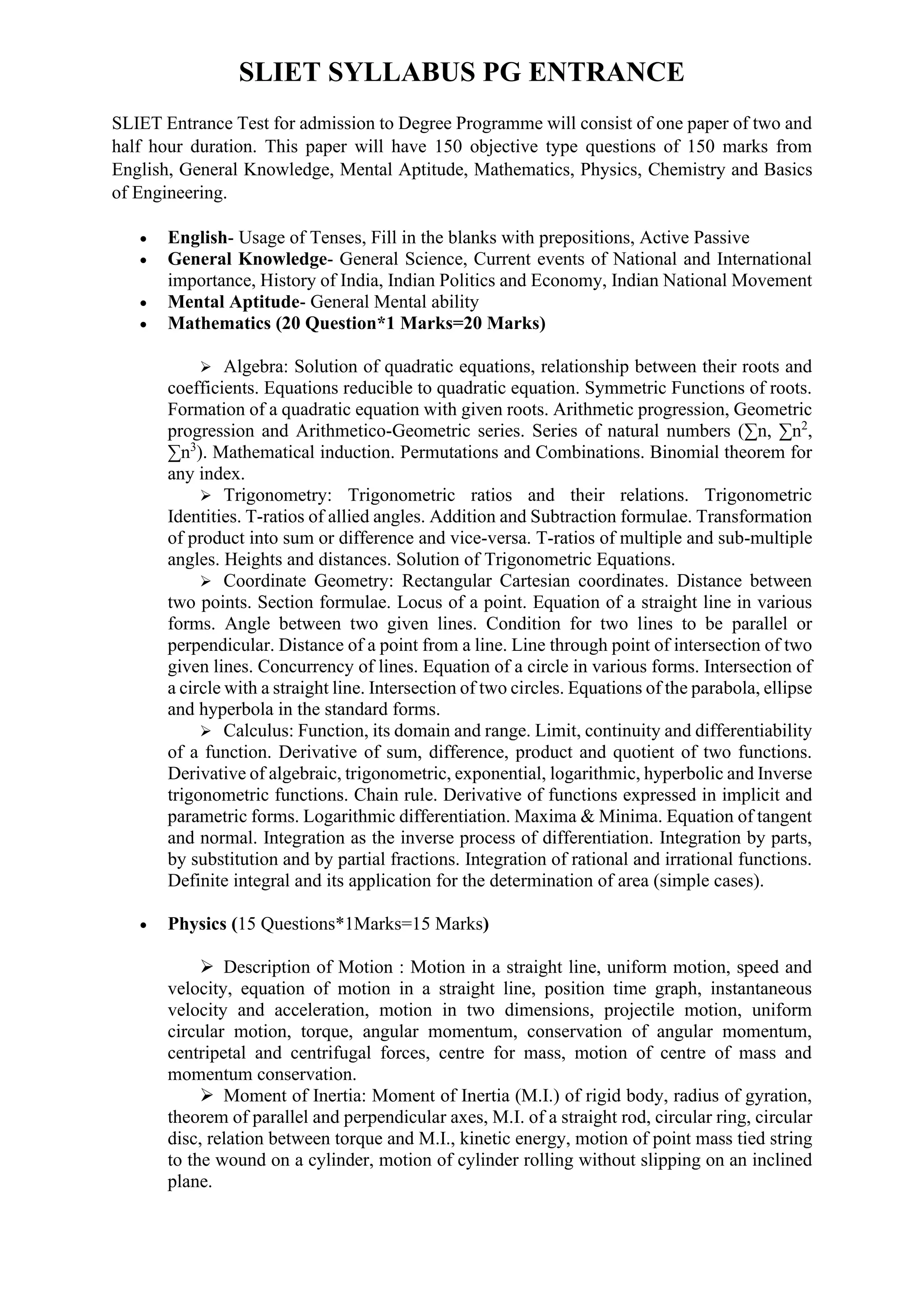 SLIET syllabus PG entrance | PDF | Chemistry | Science