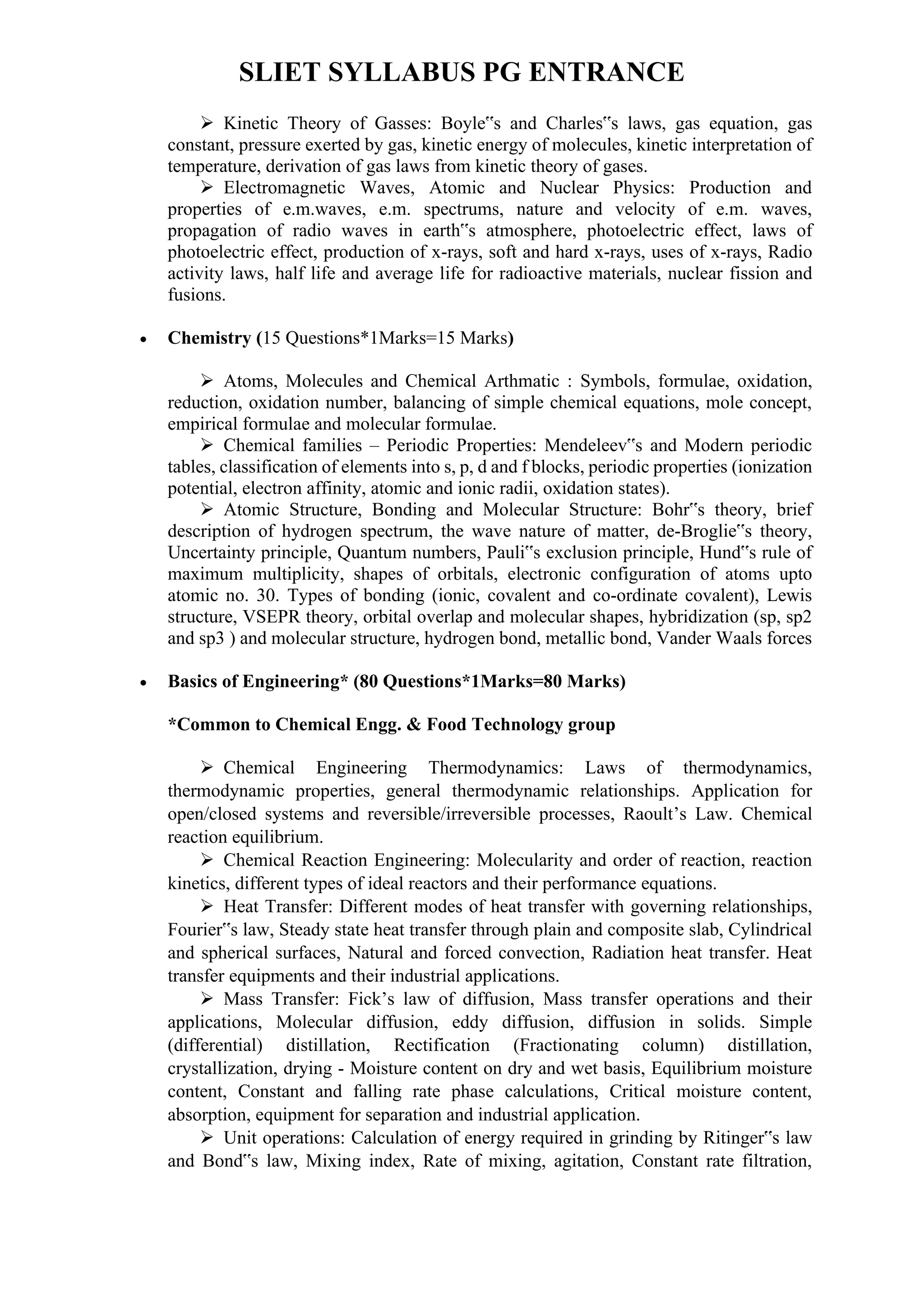 SLIET syllabus PG entrance | PDF | Chemistry | Science