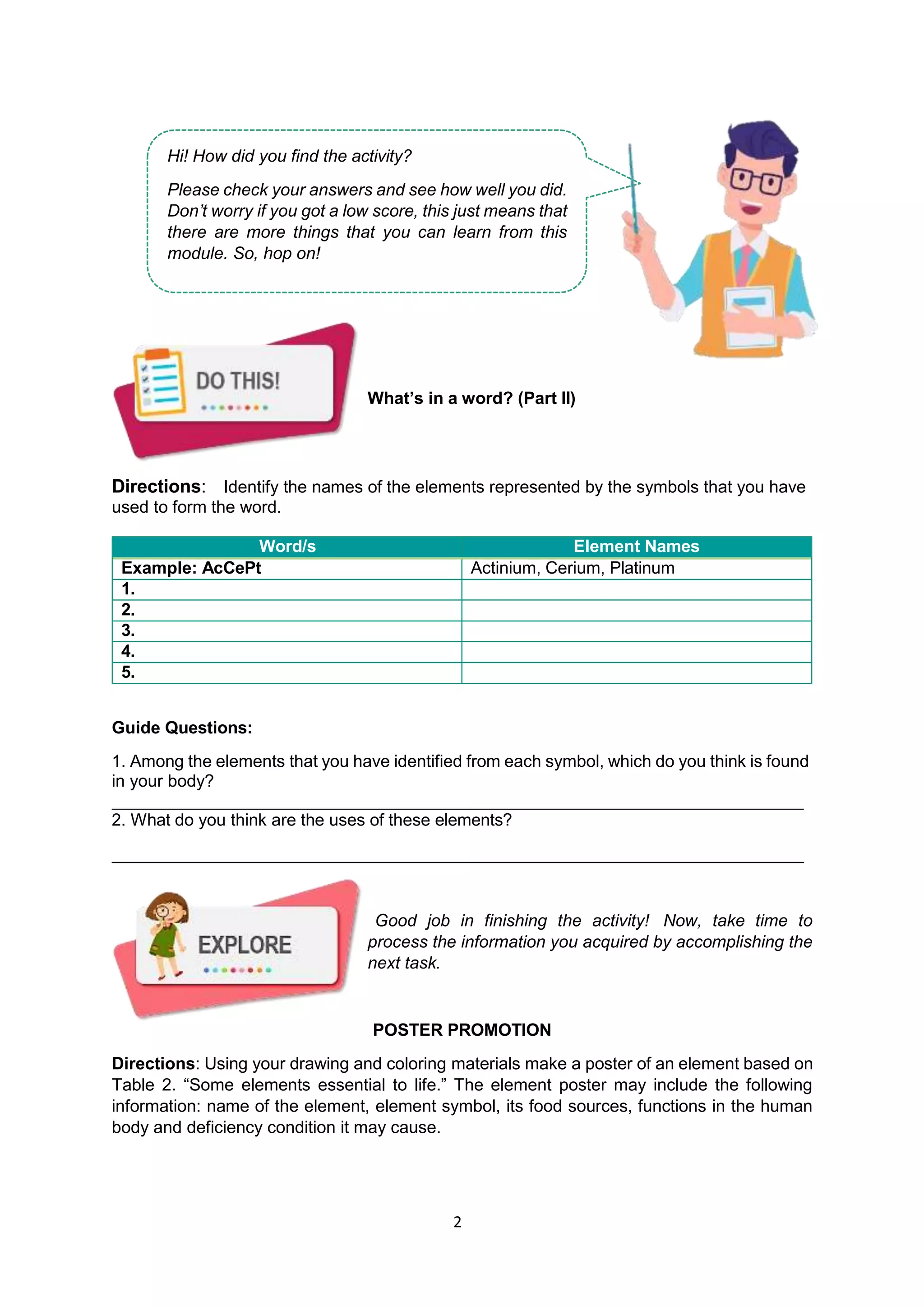 SLM # 6 -Grade 7 Science-1st Quarter-Poster of Common Elements with ...