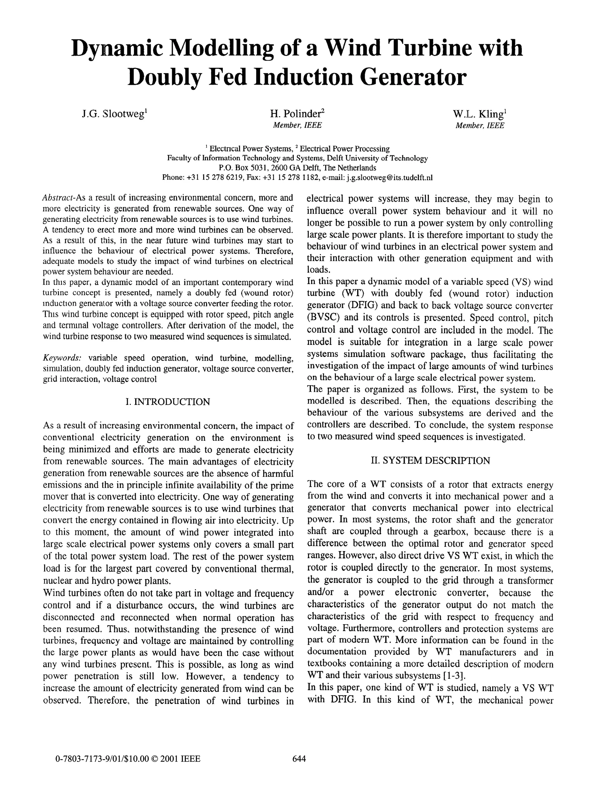 Dynamic Modelling of a Wind Turbine with doubly fed induction generator | PDF