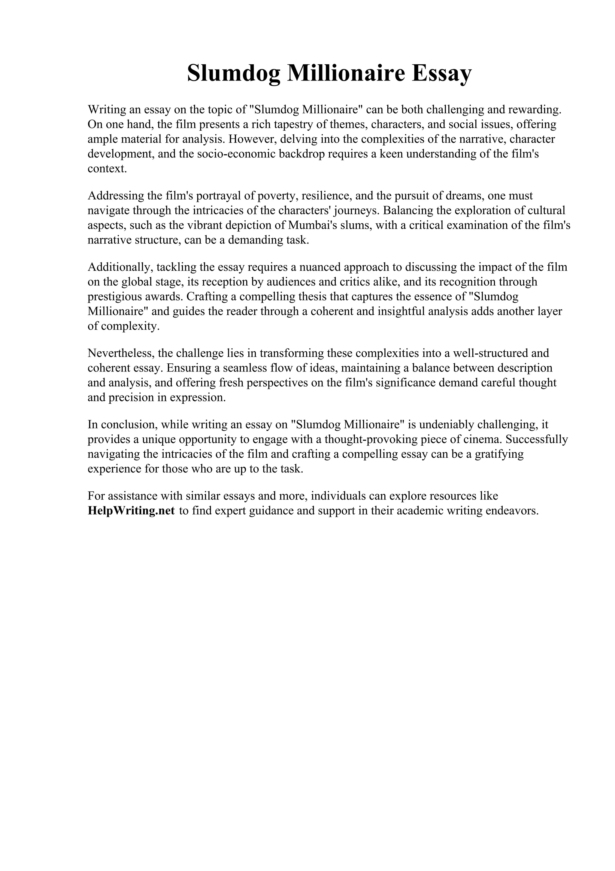 Slumdog Millionaire Essay | PDF