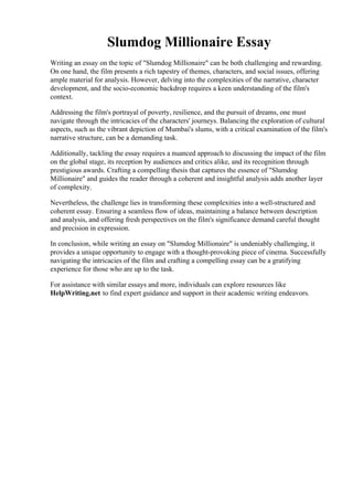 Slumdog Millionaire Essay | PDF | Surgery | Medical Health