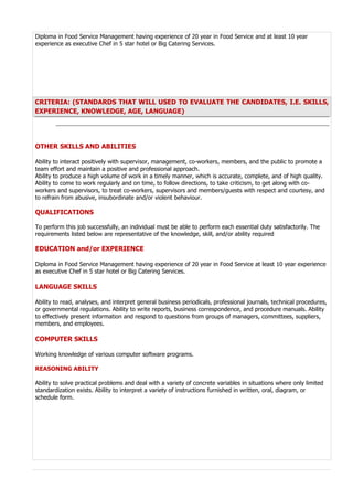 Catering Executive Chef Job Description