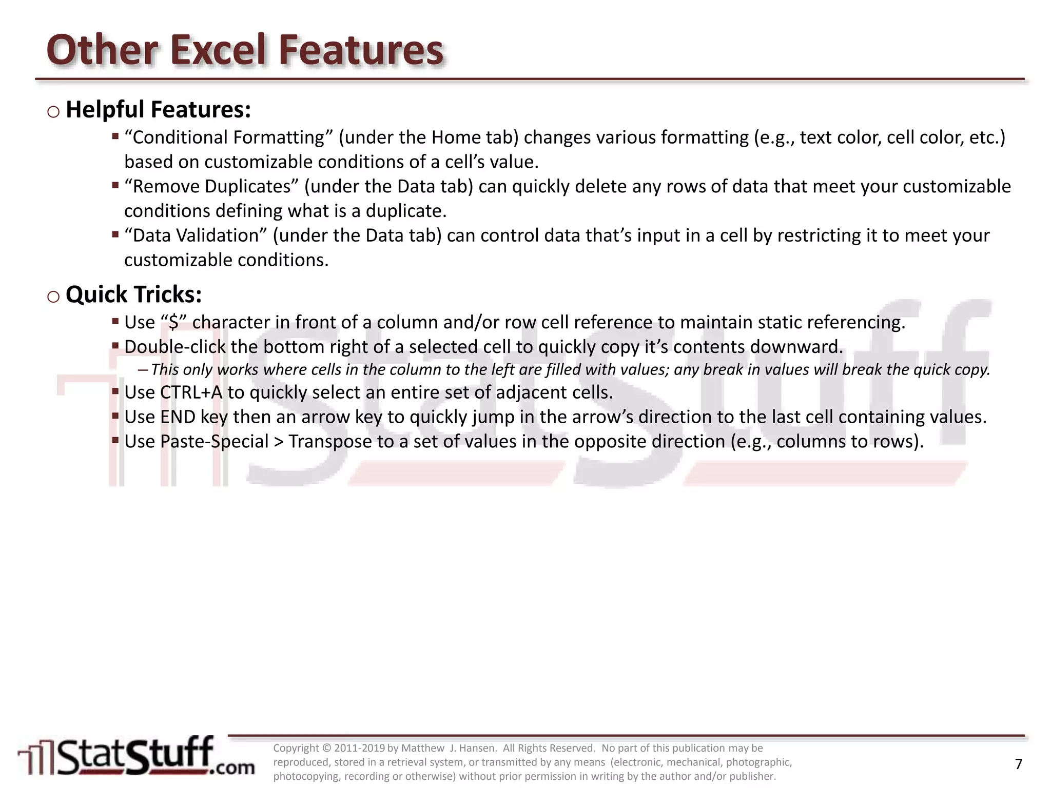 Advanced Excel Features with Matt Hansen at StatStuff | PPT