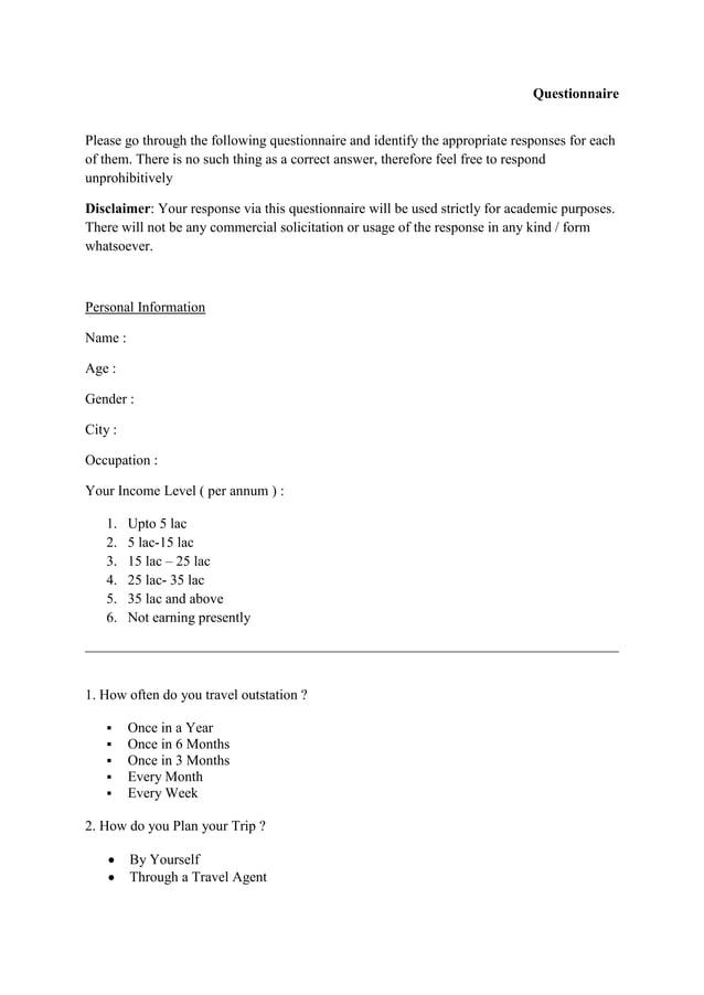 Questionnaire on Travel and Tourism | DOCX | Travel