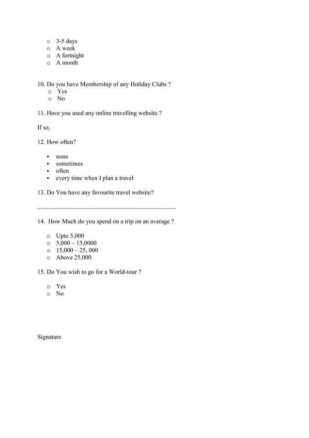 Questionnaire on Travel and Tourism | DOCX | Travel