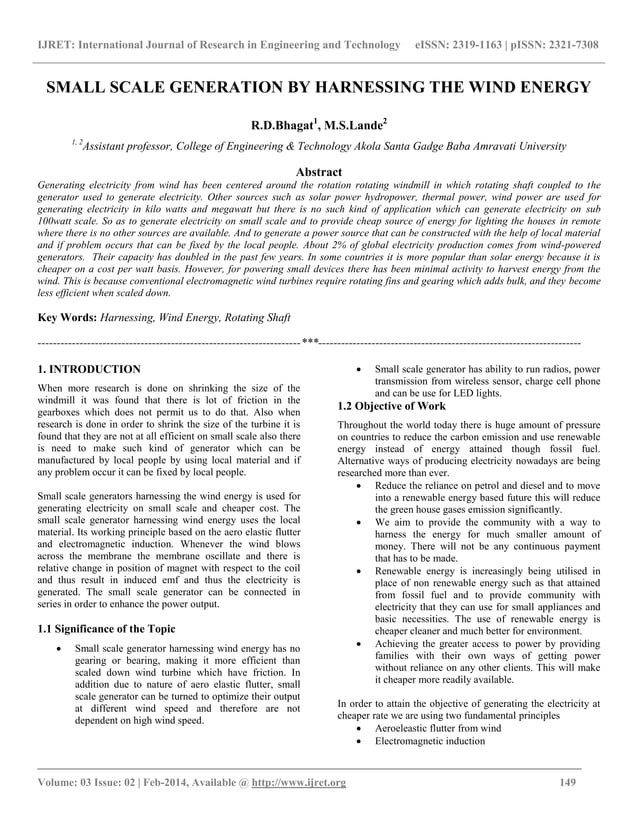 Small scale generation by harnessing the wind energy | PDF