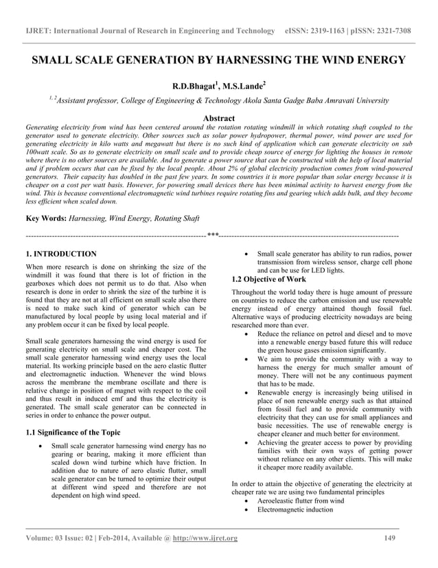 Small scale generation by harnessing the wind energy | PDF