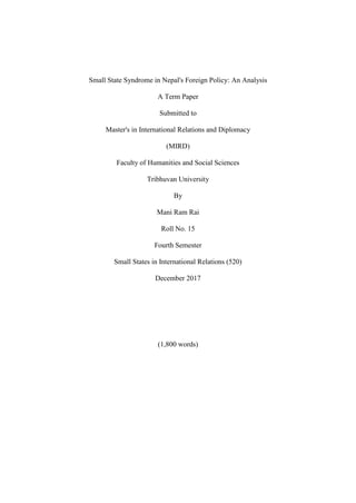 Small state syndrome in Nepal's foreign policy pdf | PDF
