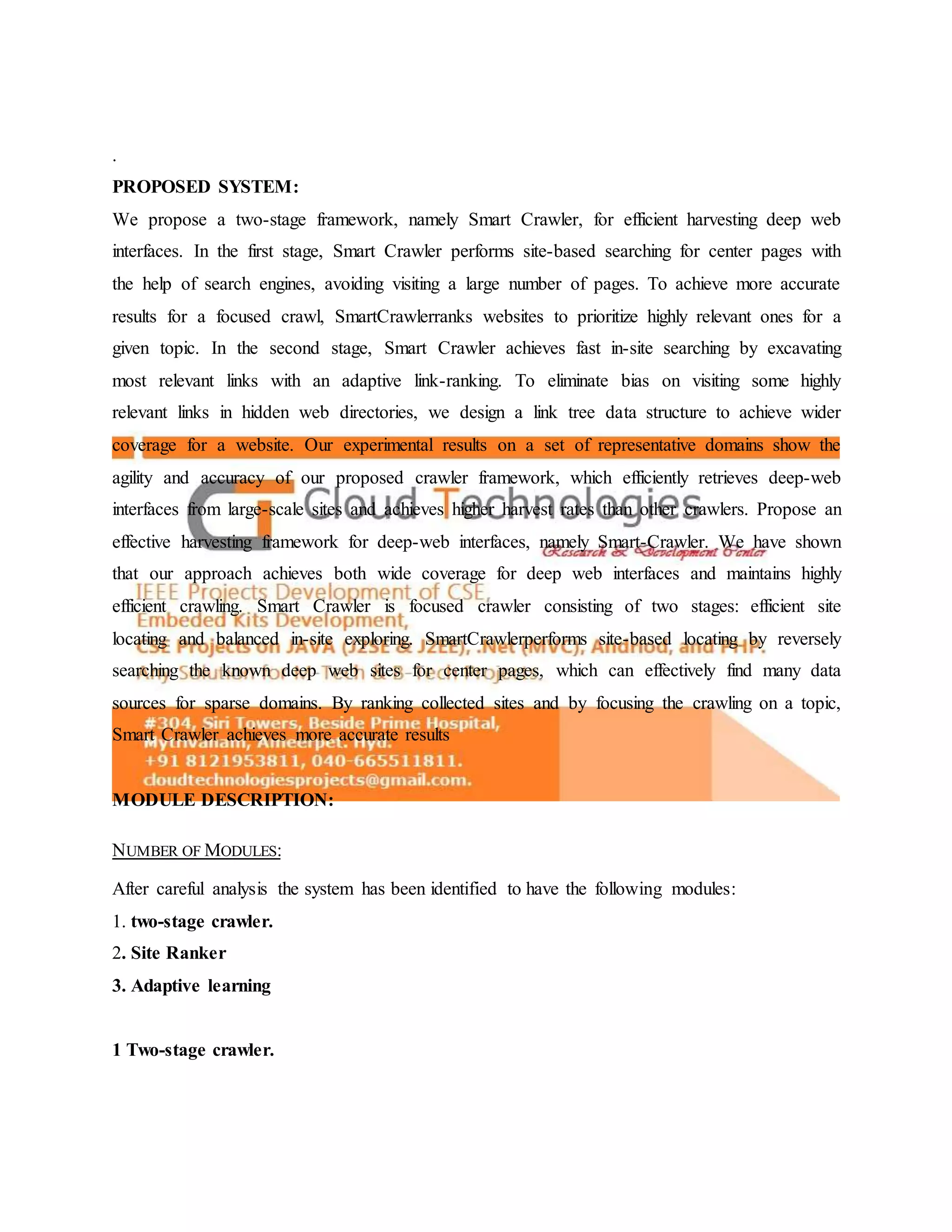 SMART CRAWLER: A TWO-STAGE CRAWLER FOR EFFICIENTLY HARVESTING DEEP-WEB INTERFACES | PDF