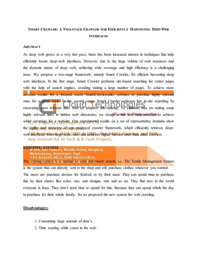 SMART CRAWLER: A TWO-STAGE CRAWLER FOR EFFICIENTLY HARVESTING DEEP-WEB INTERFACES | PDF