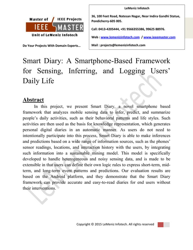 Smart diary a smartphone based framework for sensing, inferring, and logging users’ daily life | PDF