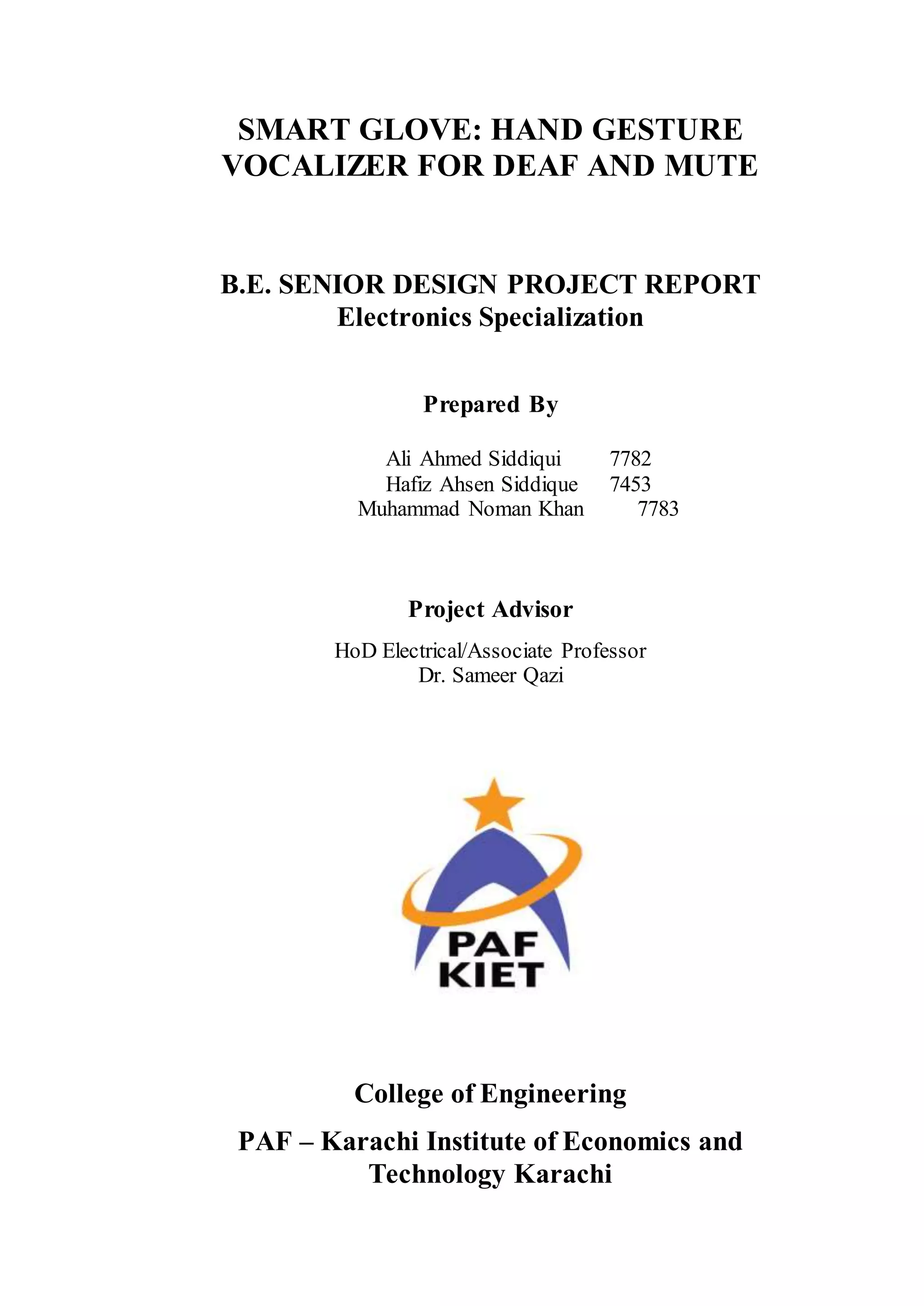 Smart glove hand gesture vocalizer final year report | DOCX