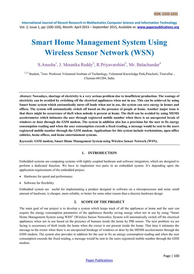Smart Home Management System Using Wireless Sensor Network (WSN) | PDF