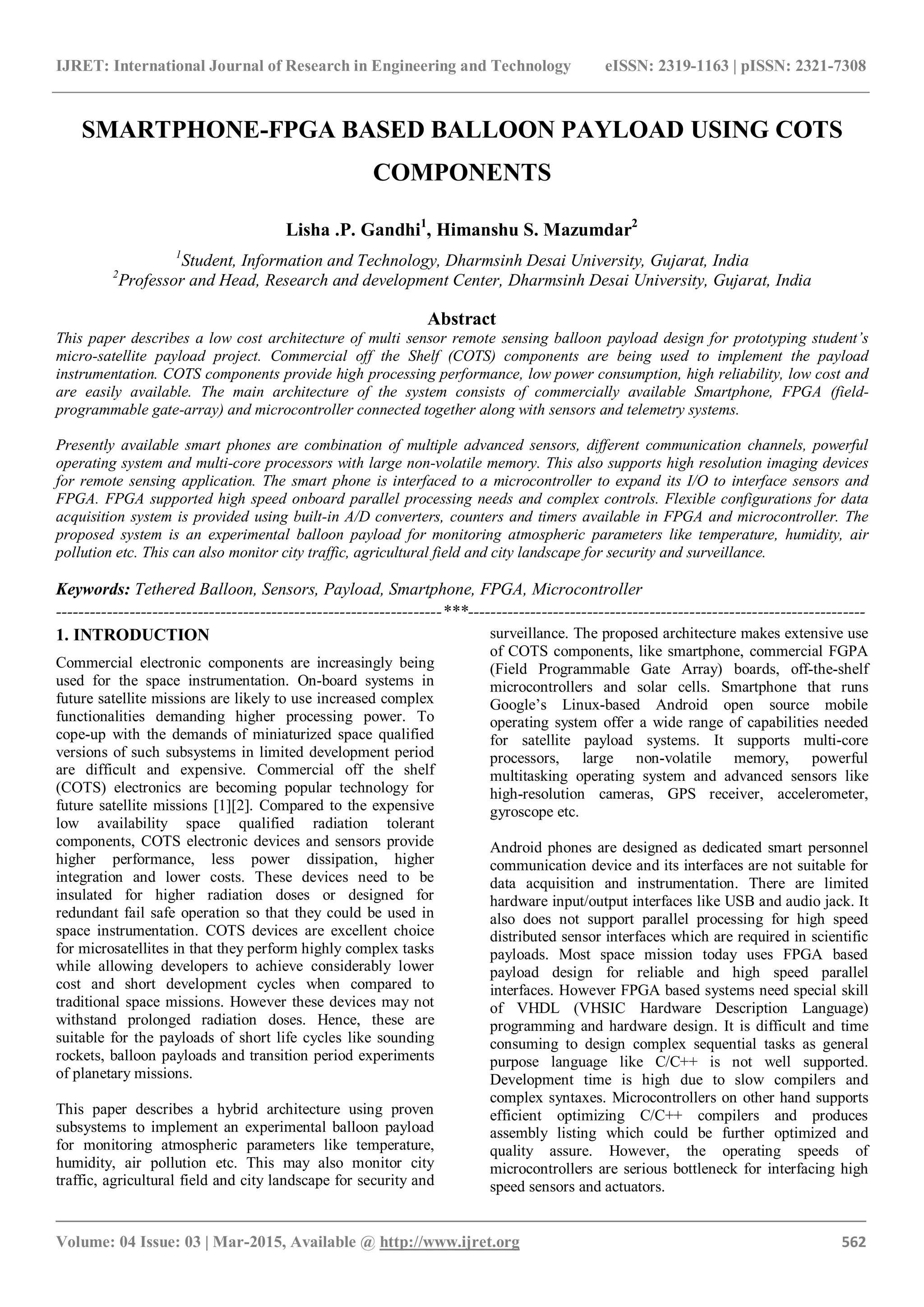 Smartphone fpga based balloon payload using cots components | PDF