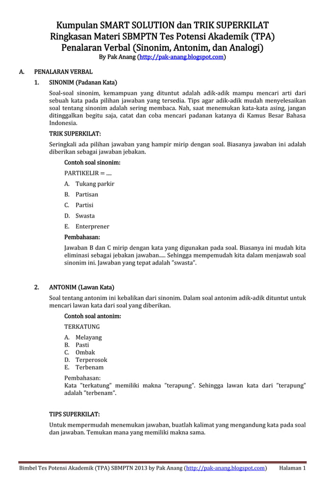 Smart solution tes potensi akademik sbmptn 2013 (kemampuan verbal) (1 ...