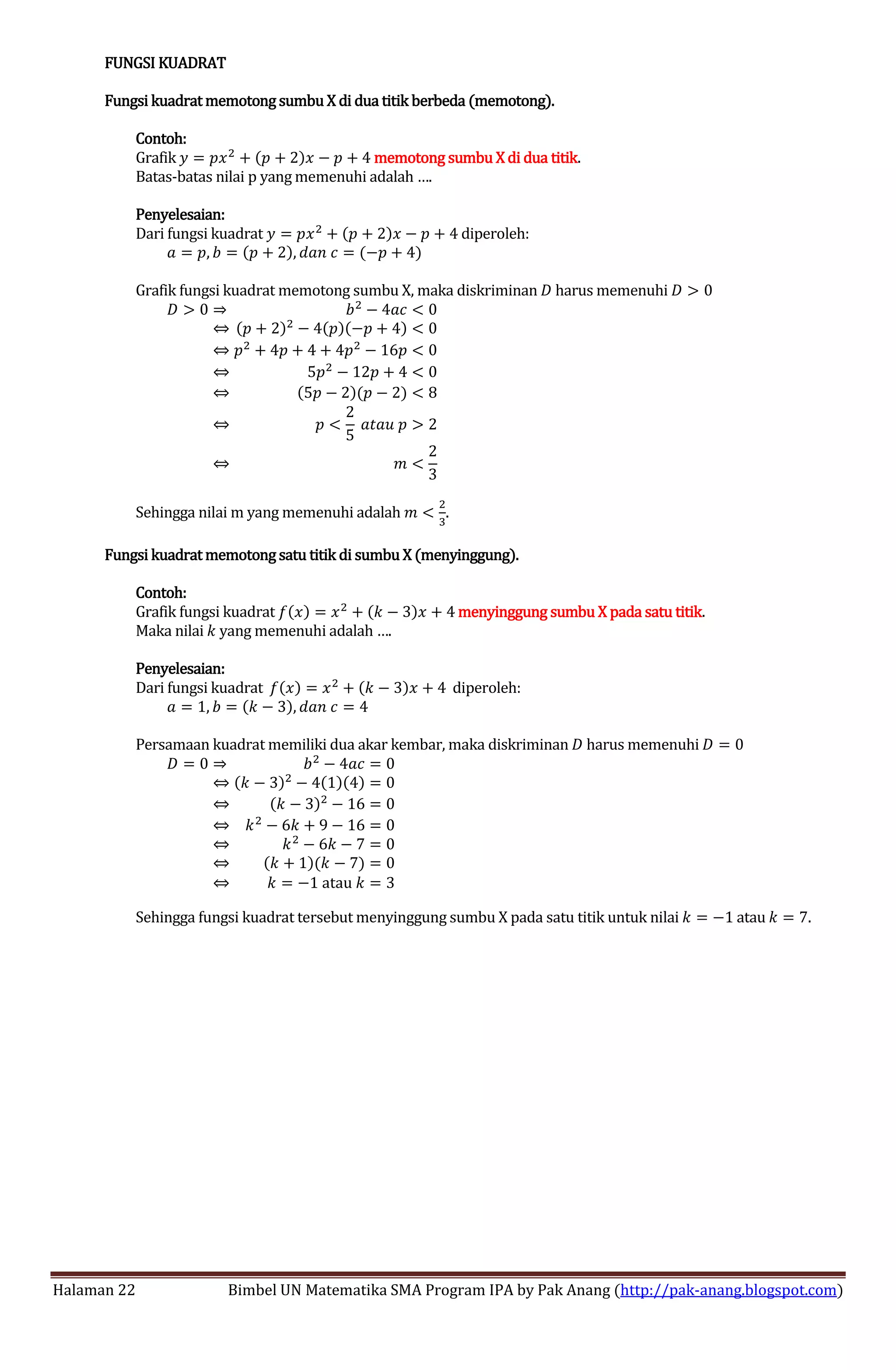 Smart solution un matematika sma 2013 (skl 2.3 diskriminan persamaan kuadrat atau fungsi kuadrat ...