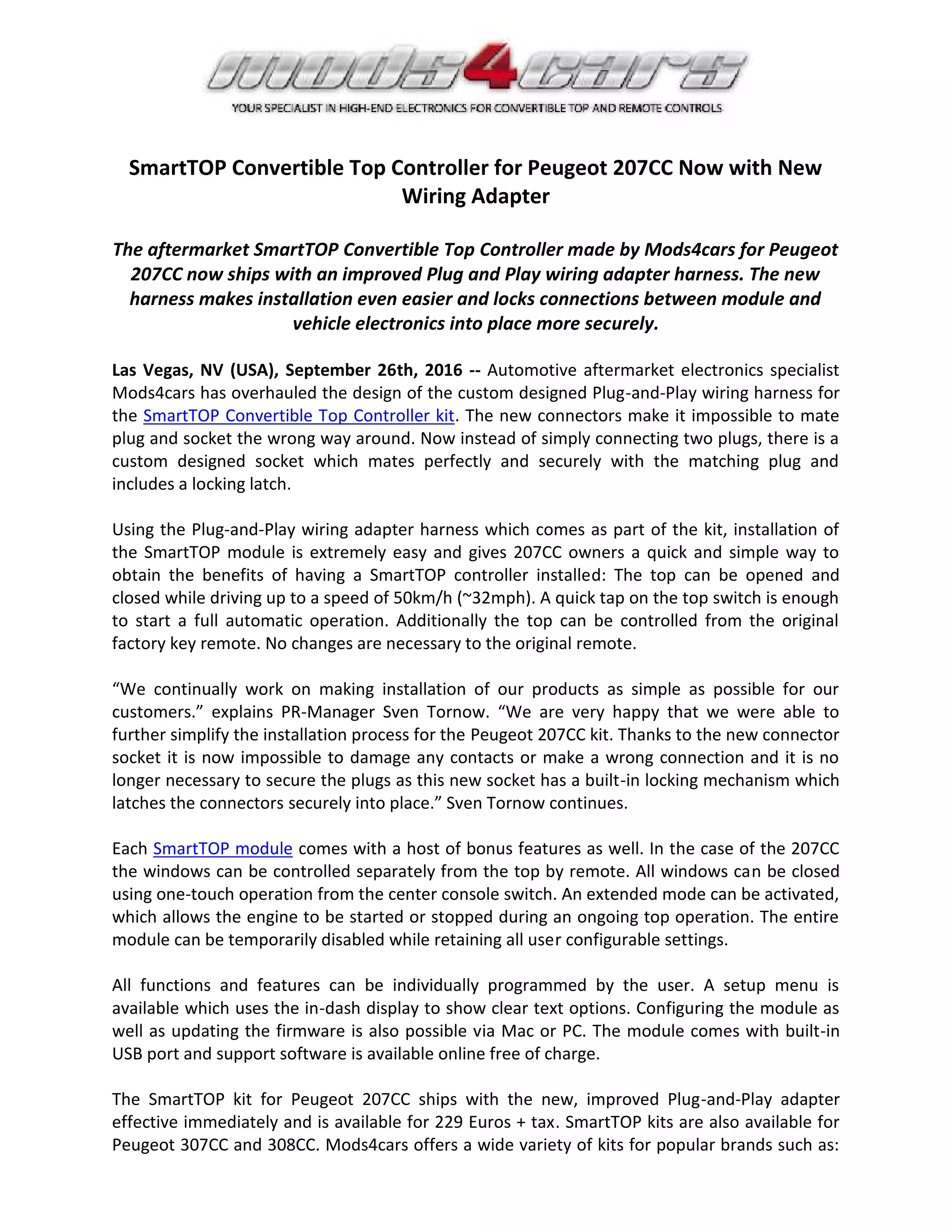 SmartTOP Convertible Top Controller for Peugeot 207CC Now with New ...