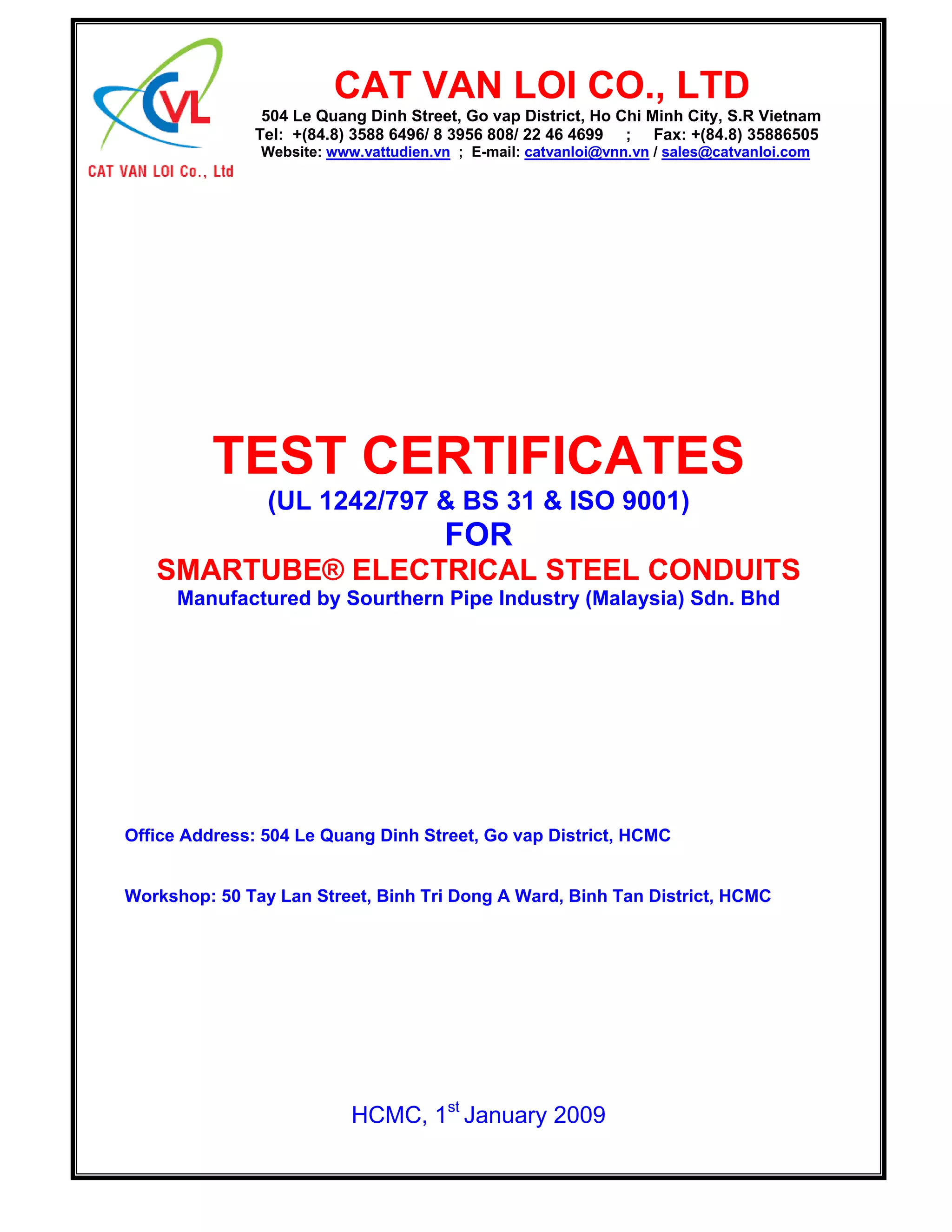 Smartube electrical steel conduit catalog certtificate ong thep luon ...