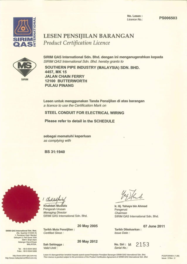 Smartube electrical steel conduit catalog certtificate ong thep luon day dien ong ruot ga ty ren ...