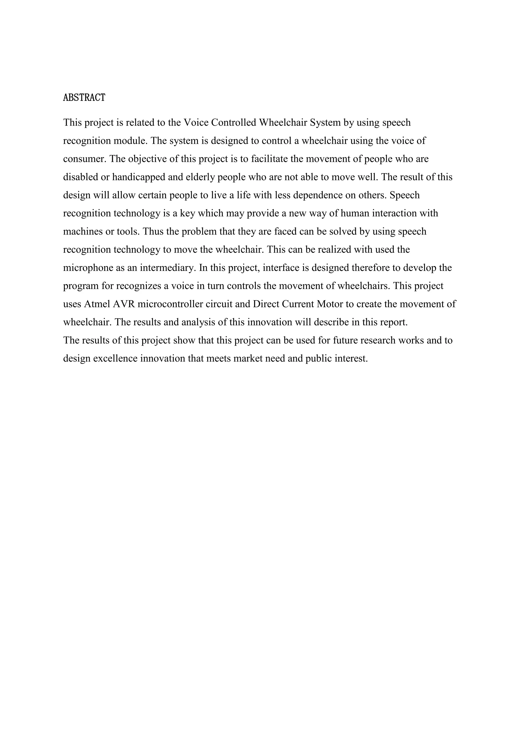 Smart wheel chair based on voice recognition for handicapped | DOCX