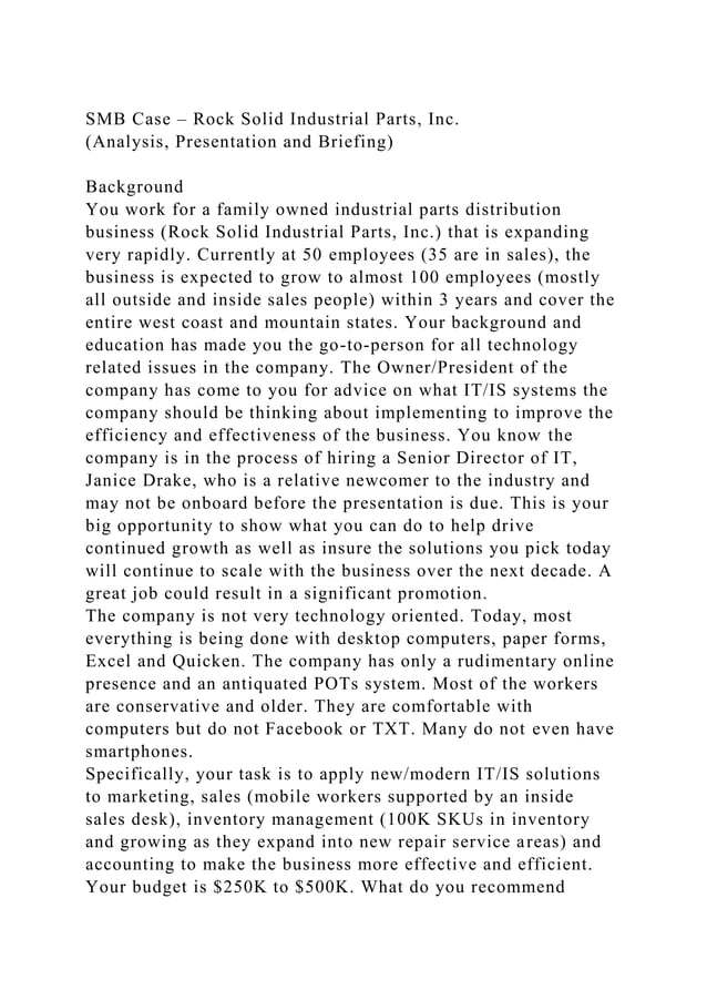 SMB Case – Rock Solid Industrial Parts, Inc.(Analysis, Presentatio.docx