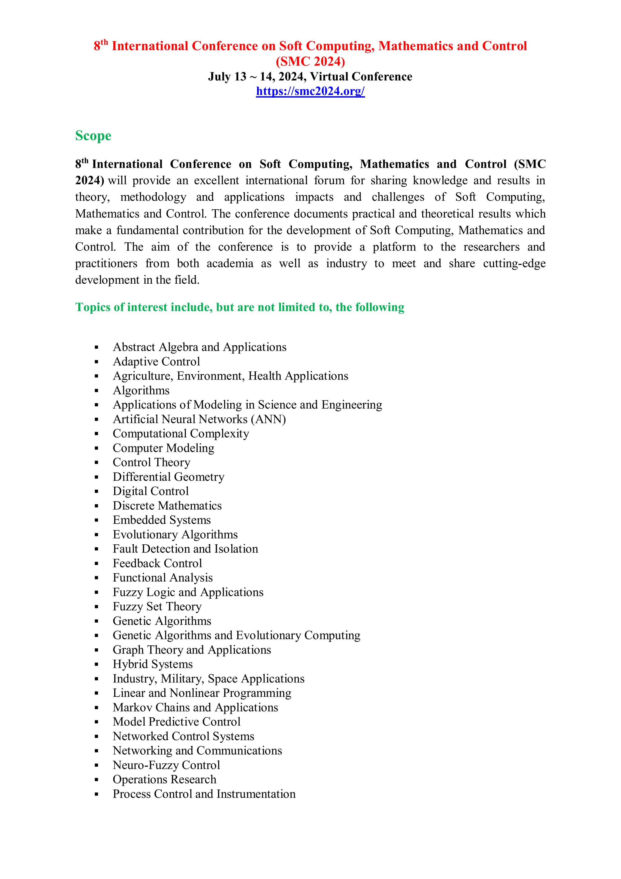 SMC 2024 CFP.8th International Conference on Soft Computing, Mathematics and Control (SMC 2024 ...