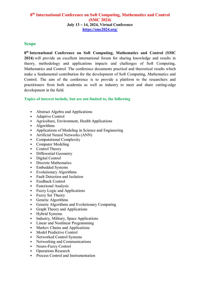 SMC 2024 CFP.8th International Conference on Soft Computing, Mathematics and Control (SMC 2024 ...