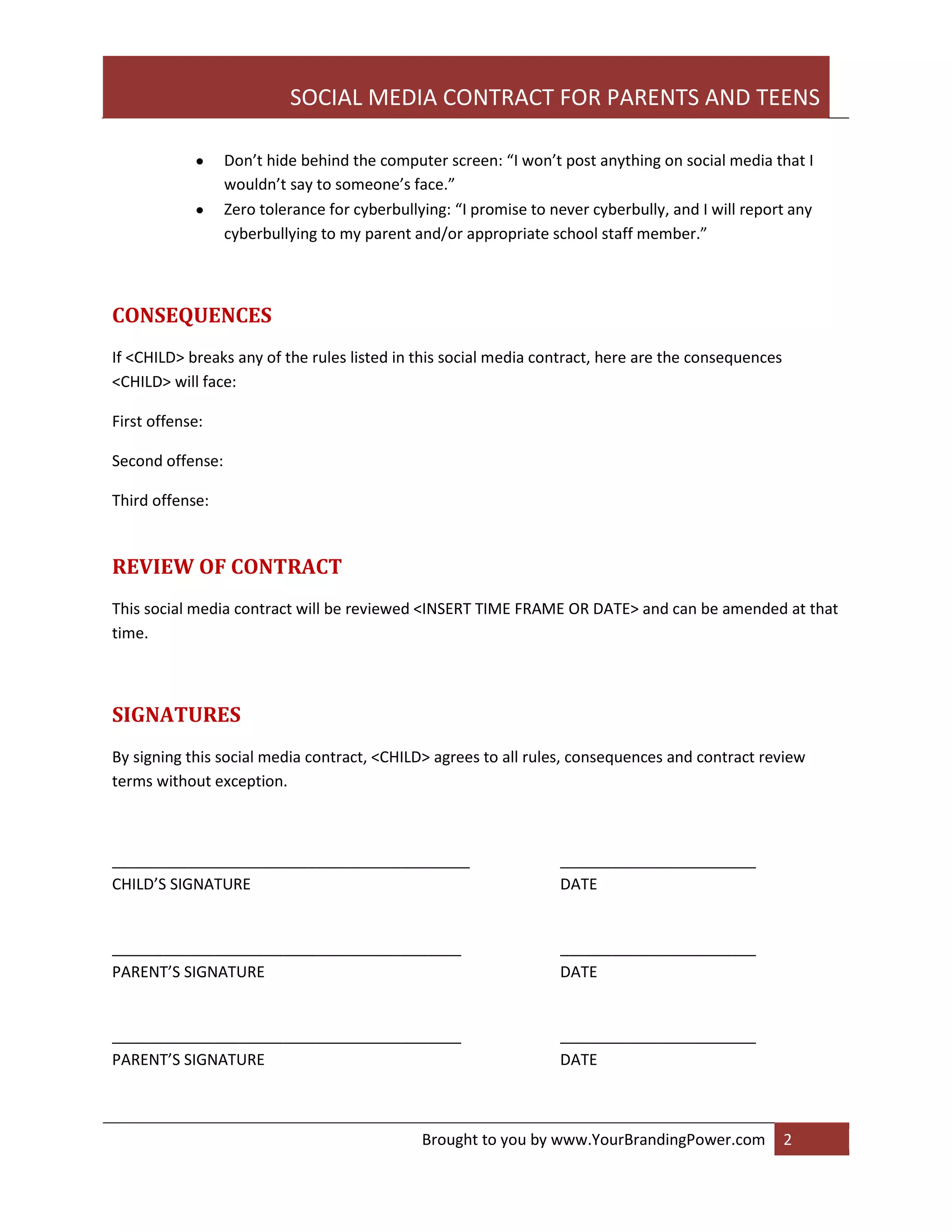 Social media contract for parents and teens | DOCX