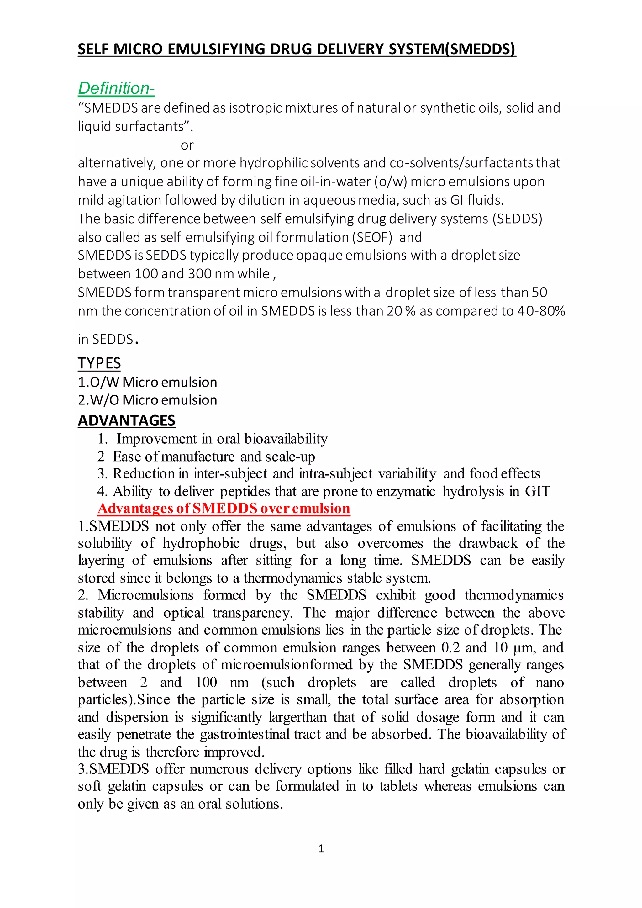 Smedds Self Micro Emulsifying Drug Delivery System Pdf