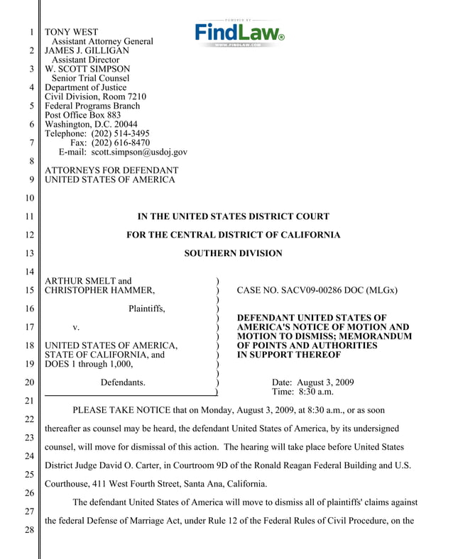 FindLaw | Justice Dept. Motion to Dismiss Defense of Marriage Act | PDF