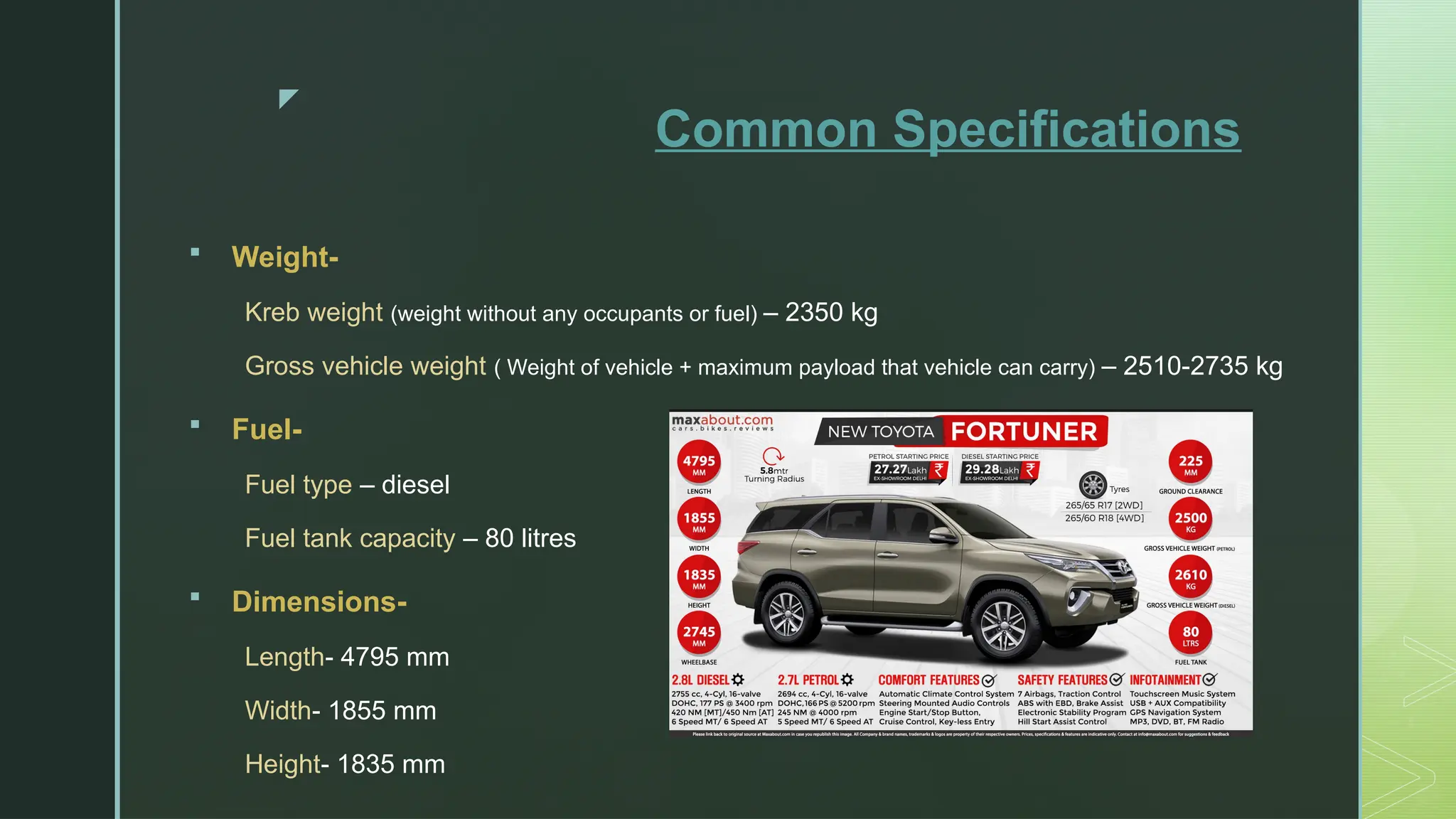 Car Toyota fortuner with its specification | PPTX