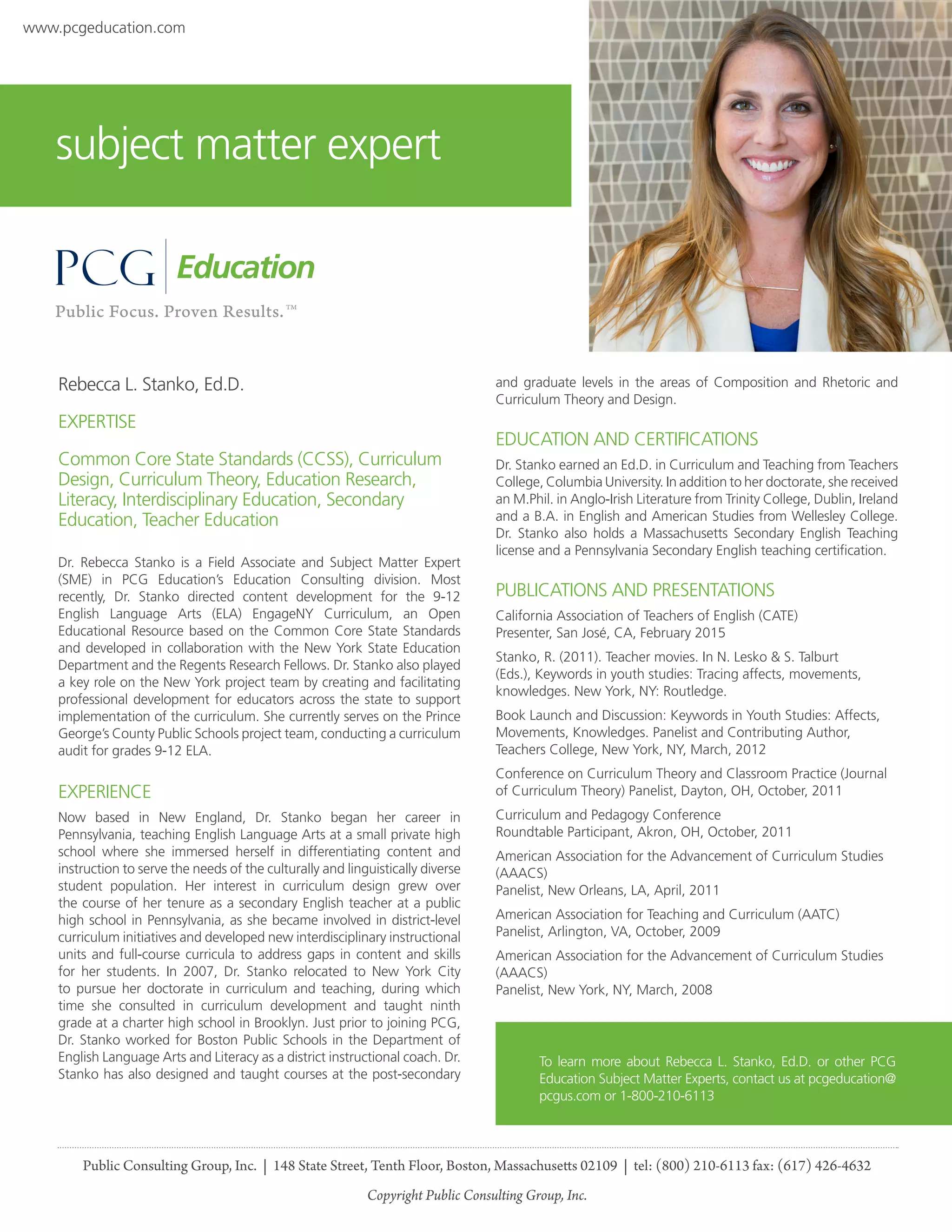 Rebecca L. Stanko, Ed.D., PCG Education Subject Matter Expert | PDF