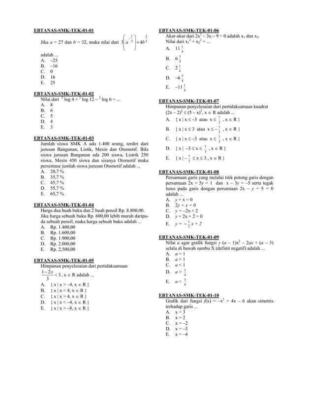 UN Matematika SMK tek-2001 | PDF