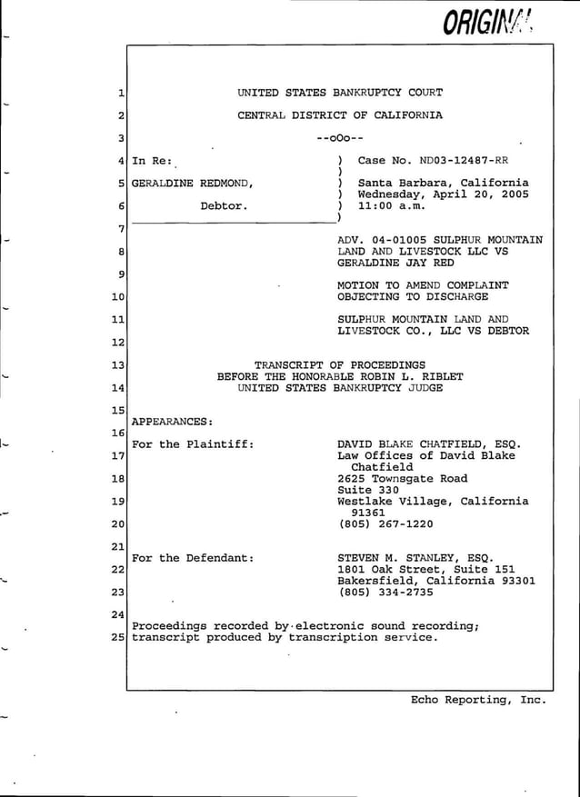 SMLLC v Geraldine Redmond US BK CT Transcript - Case No. NDO3-12487 - 4 ...