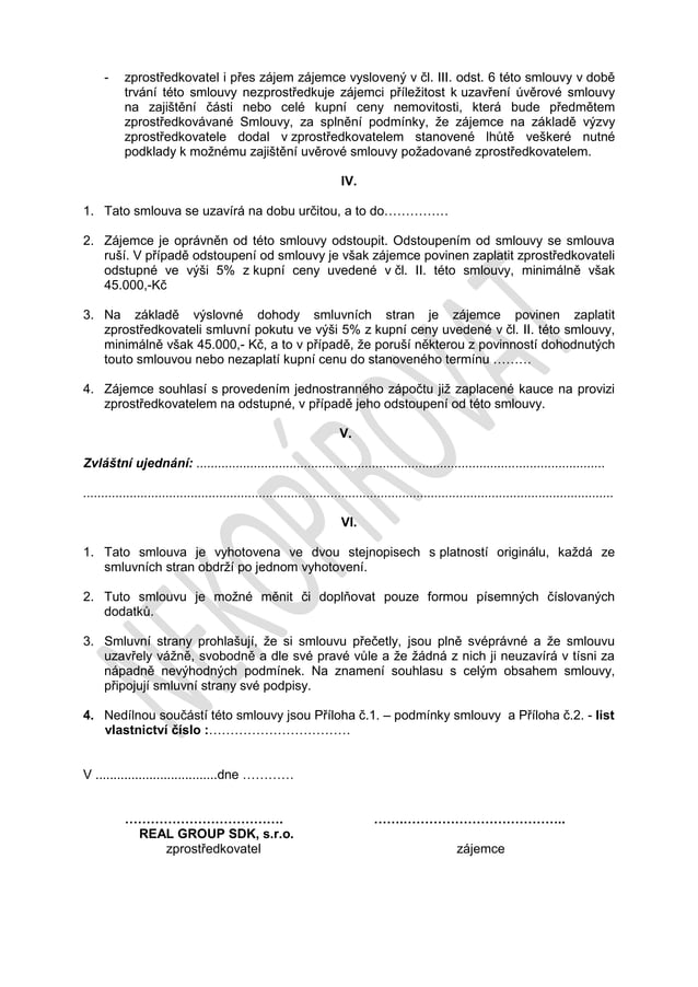 Smlouva o zprostředkování koupě nemovitosti s kaucí hotově | PDF